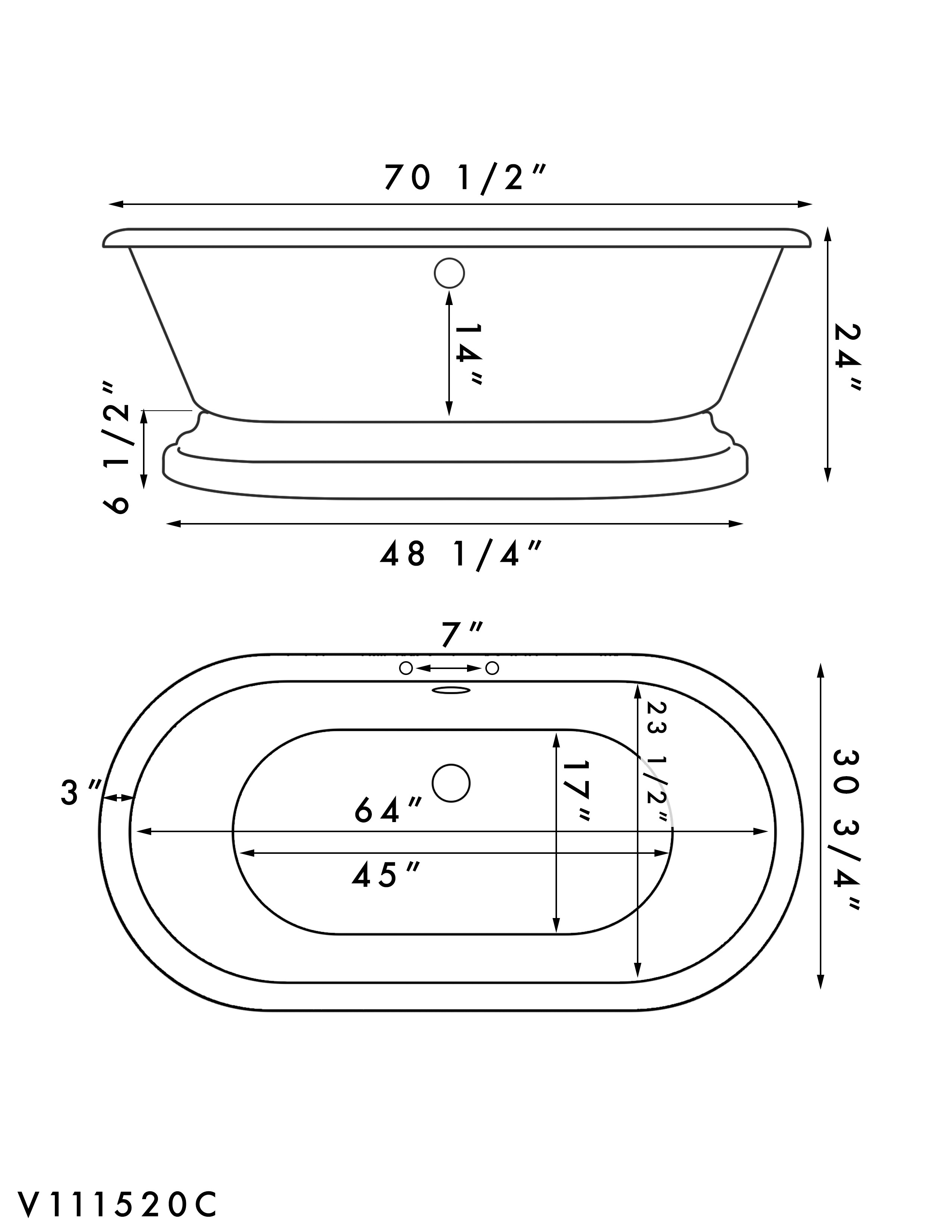 70 Inch Acrylic Double Ended Pedestal Tub With Deck Holes | ADEP